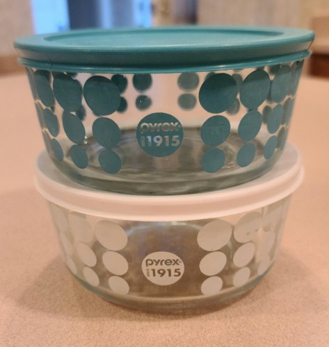 2 Pyrex Storage 4 Cup bowls Lids POLKA DOTS white TURQUOISE 7201 used ...
