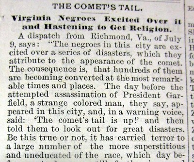 1881 newspaper Richmond VIRGINIA NEGR0ES REACT to COMET of 1881 as SIGN ...