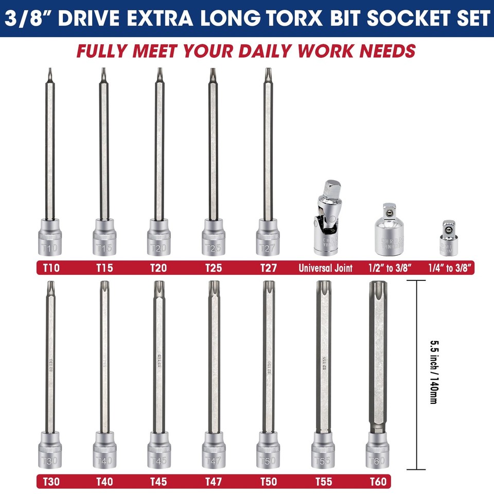 15-Piece 3/8" Drive Extra Long Torx Bit Socket Set, T10-T60 Star Bit ...