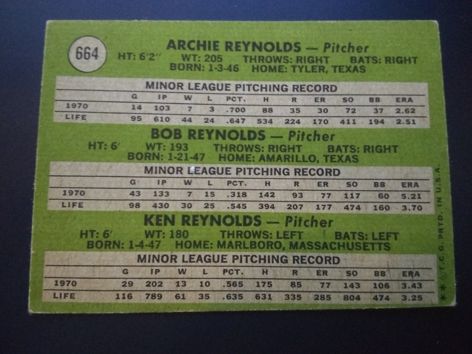 1971 Topps 664 RC Archie Reynolds Bob Ken Autographed by All 3 TOUGH ...