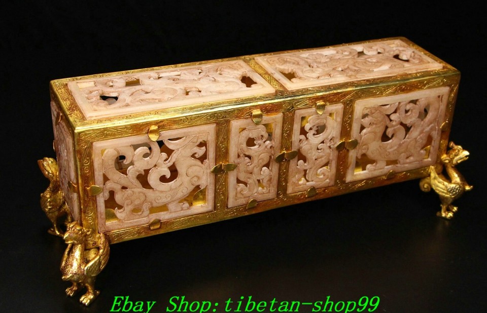 13.3''Old Bronze Gold Inlay Jade Hollow out Dragon Phoenix Bird Leg ...