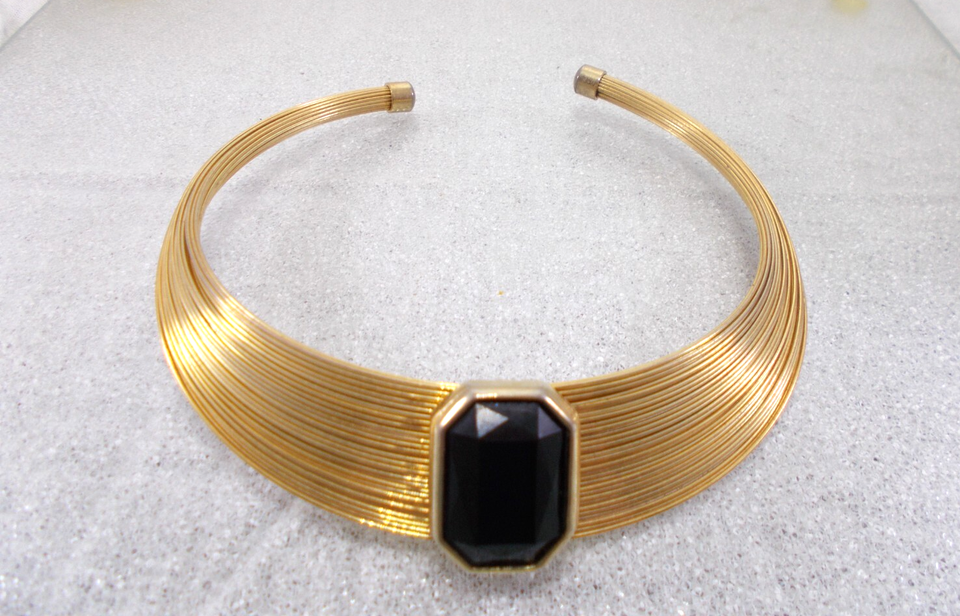 Gold Tone Multi Wire Torque Collar Necklace With Black Faceted Center ...