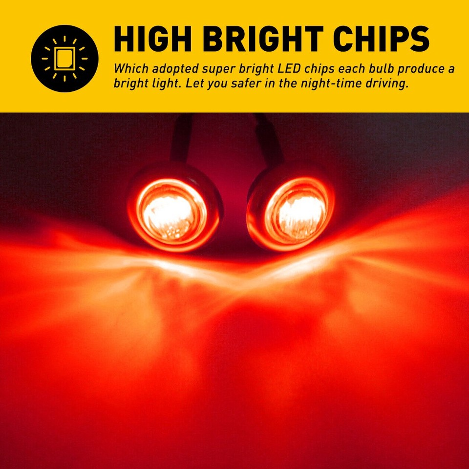 For 12V Trailer Truck RV Red 3/4" Bullet Round LED Side Marker Lights ...