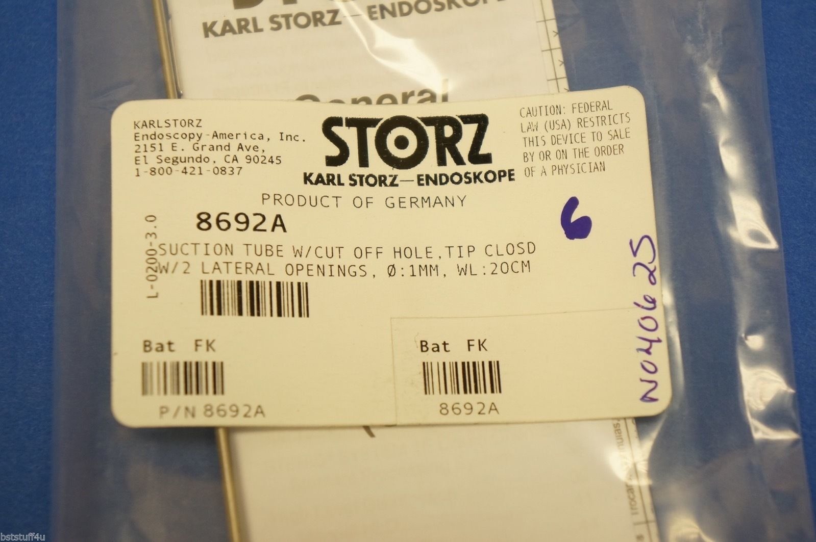 8692A Karl Storz Suction Tube W/cut off Hole Tip Clsd W/2 Lateral ...