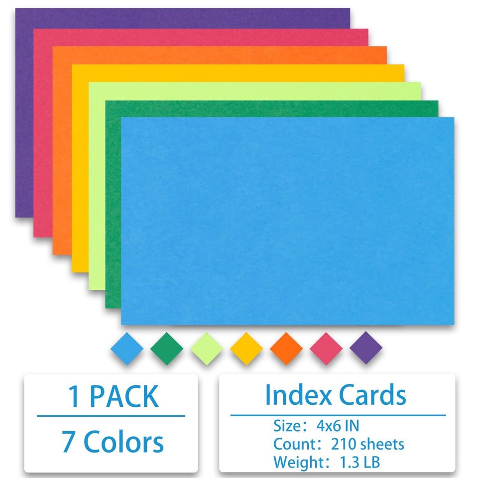 210-Count 4x6 inch Rainbow Colored Heavyweight Index Cards 7 Colors Set ...