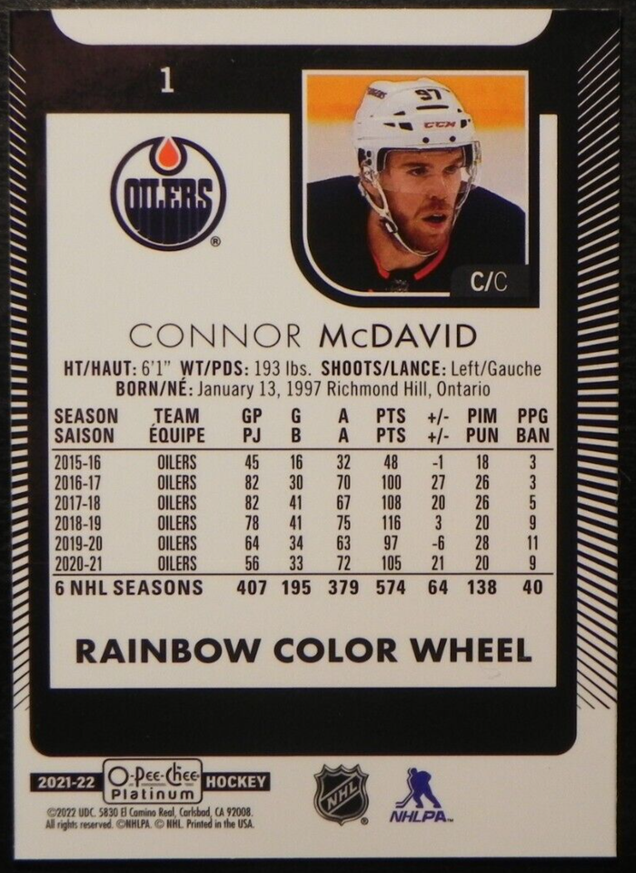 2021-22 21/22 Platinum Rainbow Color Wheel #1 Connor McDavid Edmonton ...