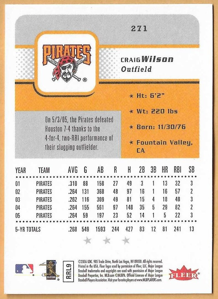 CRAIG WILSON PITTSBURGH PIRATES #271 - FLEER NM-MT 2006 | eBay