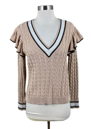 Saylor Rose Gold Metallic Cable Knit V Neck Sweater Size Small Preppy ...