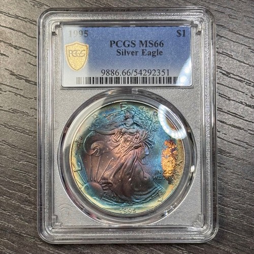 MS66 1995 $1 ASE Silver Eagle Dollar, PCGS Trueview- Nicely Rainbow ...