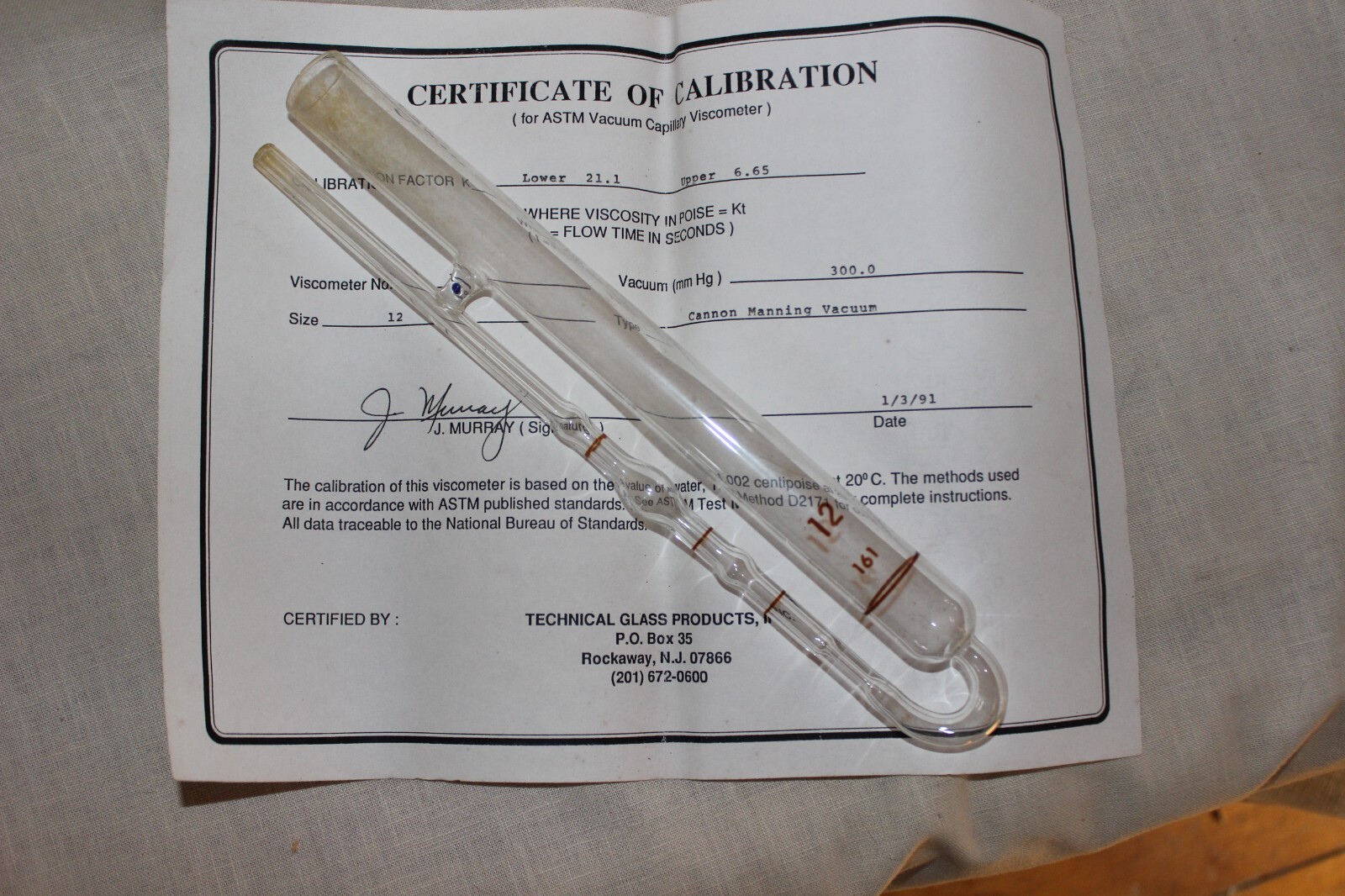 Technical Glass Products, vintage VISCOMETER w/certificate of calibr ...