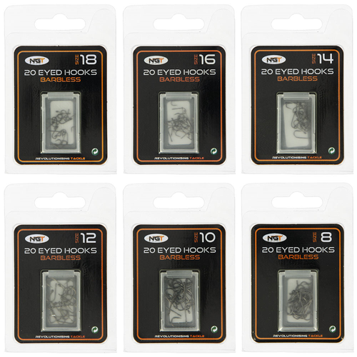 120 x NGT Barbless Eyed Hooks Size 8,10,12,14,16,18 Coarse Carp Fishing ...