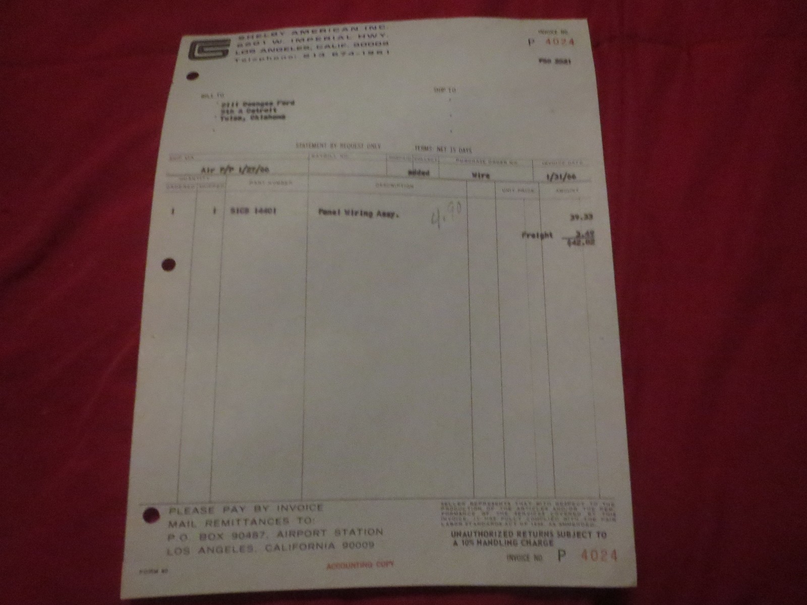 1966 SHELBY INVOICE TO BILL DOENGES FORD TULSA OKLAHOMA | eBay