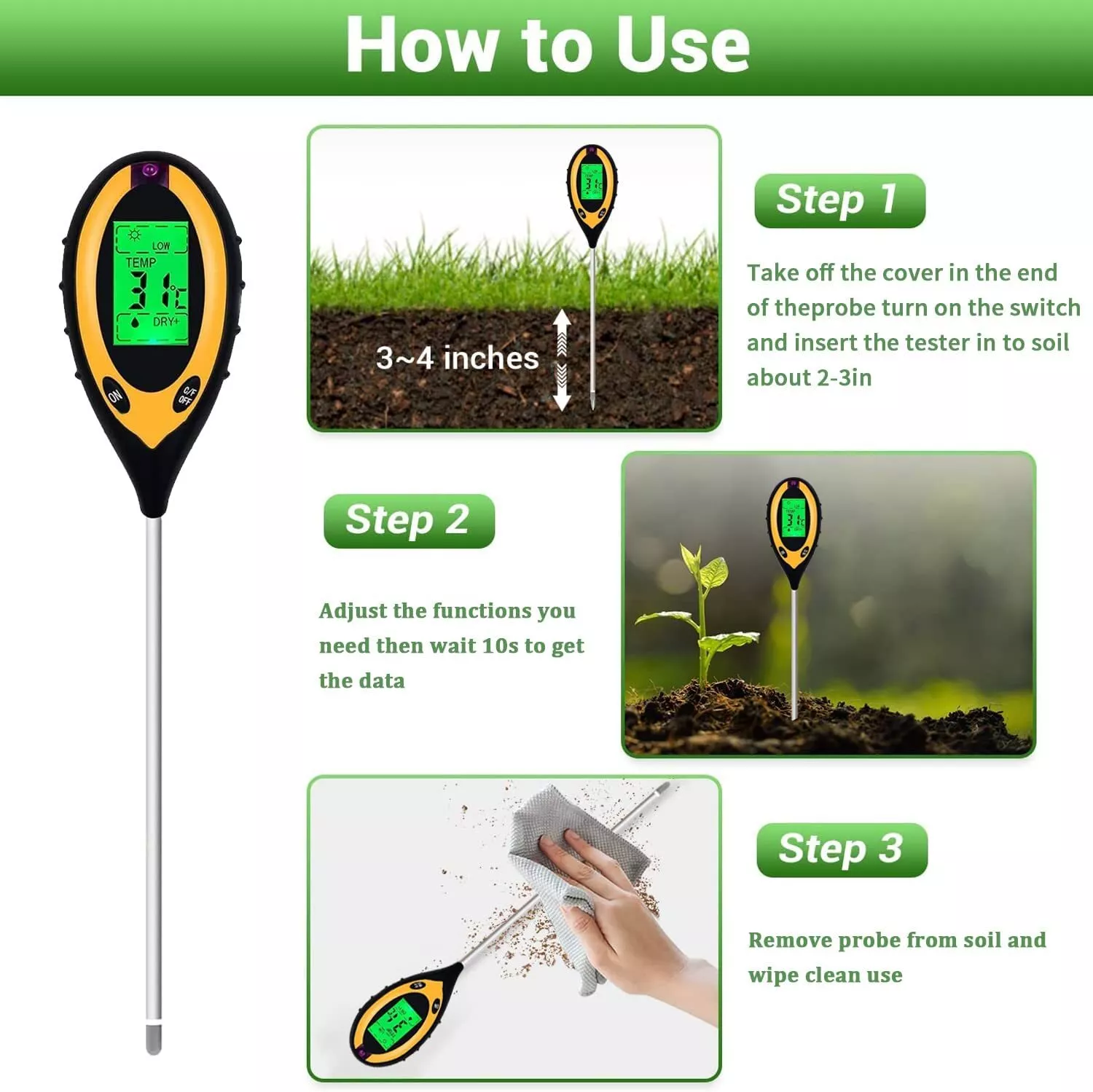 4 in 1 PH Tester Soil Water Moisture Light Test Meter for Garden Plant ...