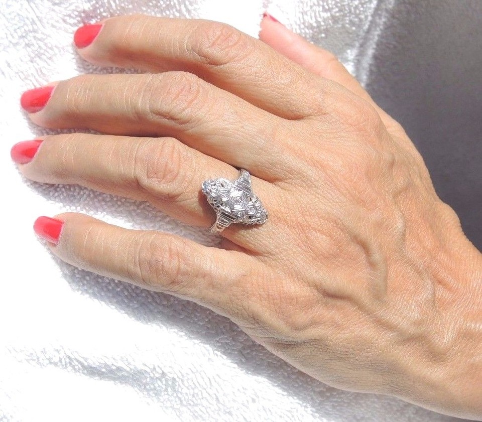 Antique Art Deco Diamond Engagement Dinner Ring 17K White Gold Size 7 ...