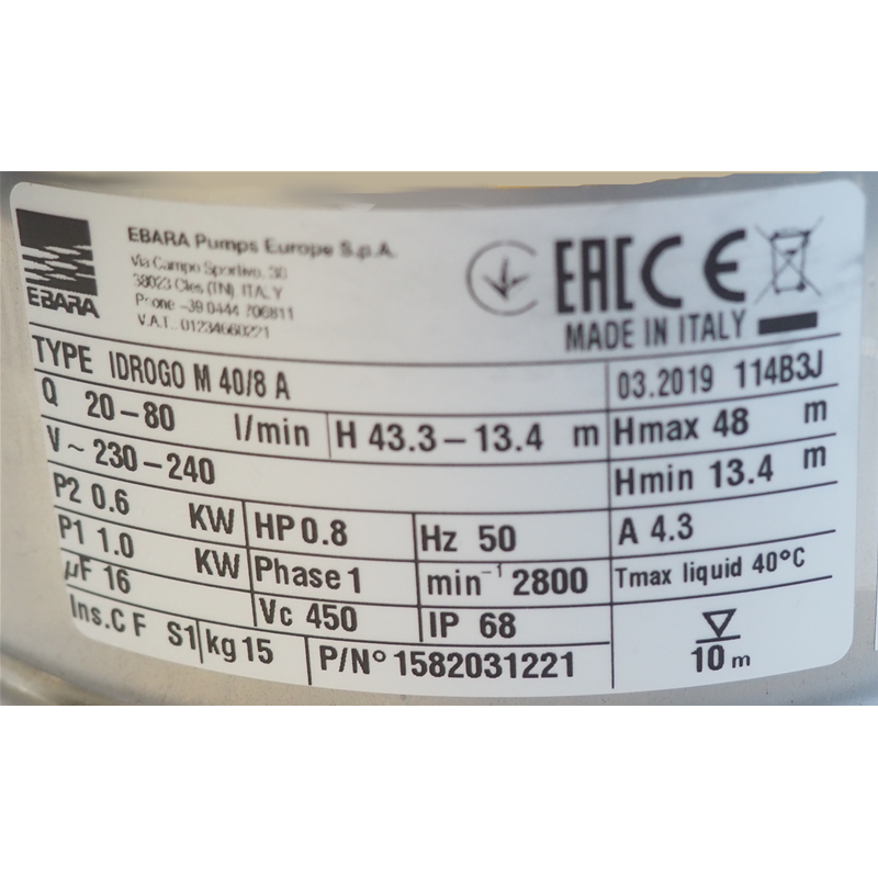 EBARA PUMP ELEKTRISCHE TAUCHPUMPE 230V IDROGO M40/08 MIT SCHWIMMER ...