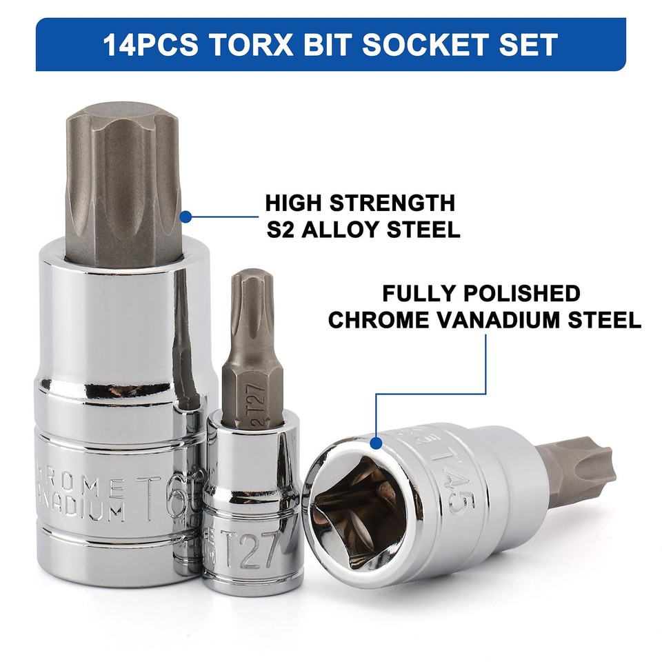 14PCS Torx Bit Socket Set, T6-T60, 1/4-Inch, 3/8-Inch and 1/2-Inch ...