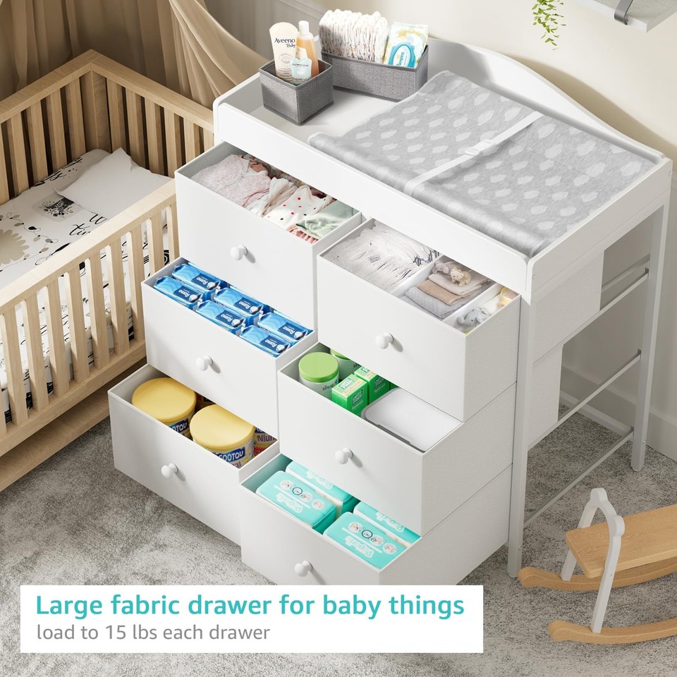Changing Table Dresser with 6 Fabric Drawers, Baby Dresser with ...