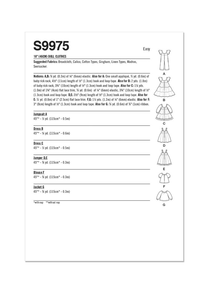 SIMPLICITY 9975 DOLL CLOTHES Sewing Pattern 18" 45.5cms Jumpsuit Dress ...