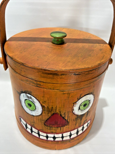 Halloween Candy Pail Bowl Bucket w/ Lid Decorative Hand Painted Vintage ...