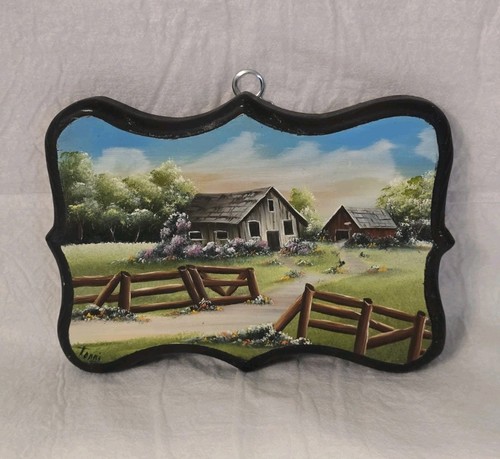 Hand Painted Wooden Plaque Country Farm Scene Barn Fence Rustic Wall ...