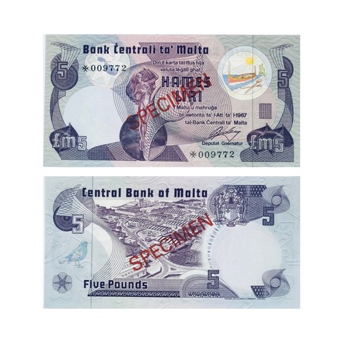 5 OLD MALTESE LIRA (POUNDS) 1979 MALTA SPECIMEN NOTE BANKNOTE A-UNC PRE ...
