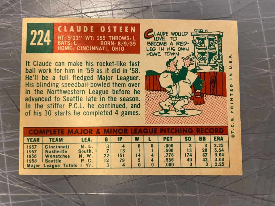 1959 TOPPS #224 CLAUDE OSTEEN CINCINNATI REDS BASEBALL CARD NM/MT | eBay