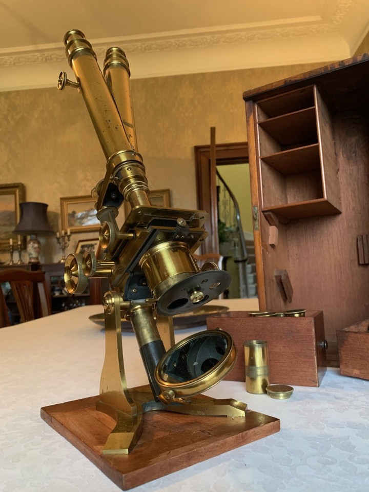 Large Antique C. Baker Wenham Binocular Bar-limb Brass Microscope ...