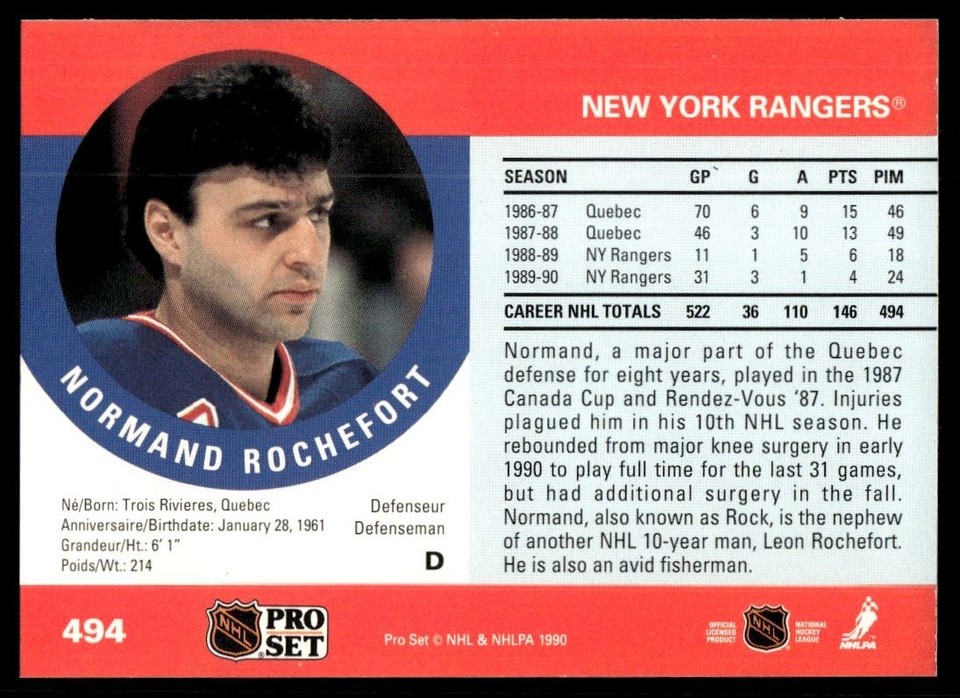 1990-91 Pro Set Normand Rochefort New York Rangers #494 | eBay