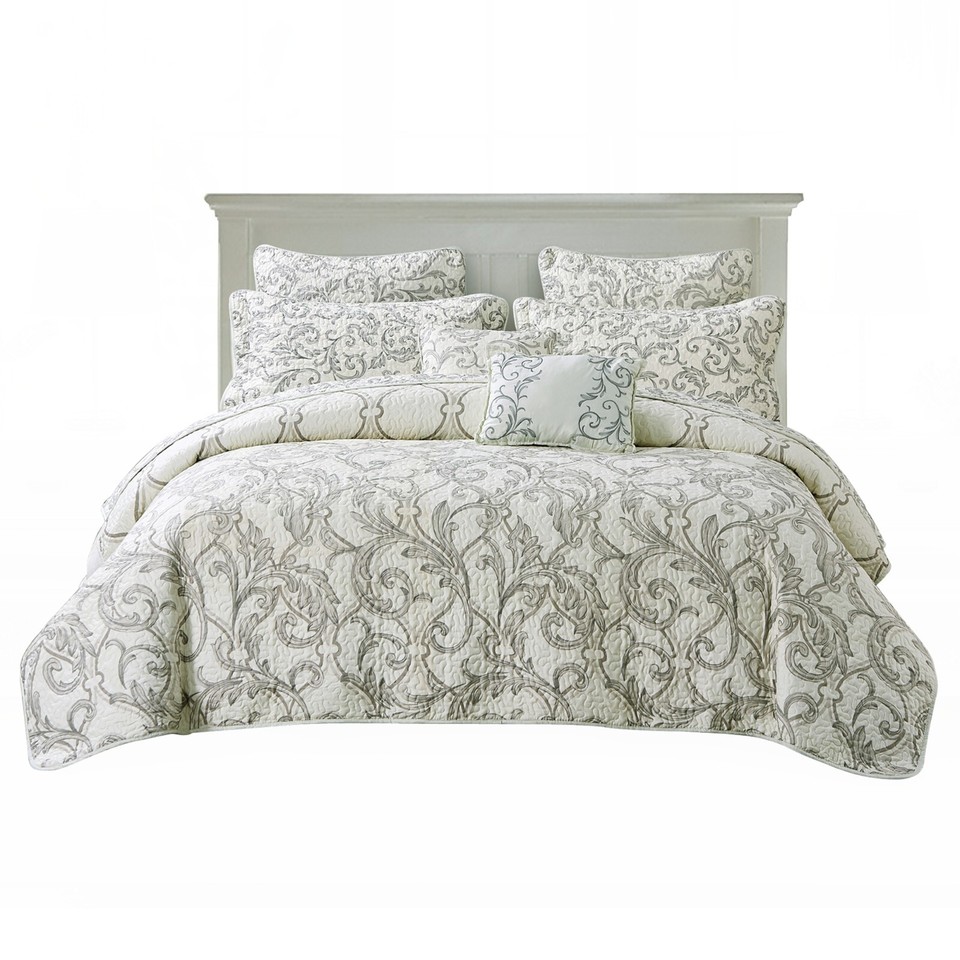 7-Piece Printed Microfiber Bedspread Quilts Set Marisol Gray Geometric ...