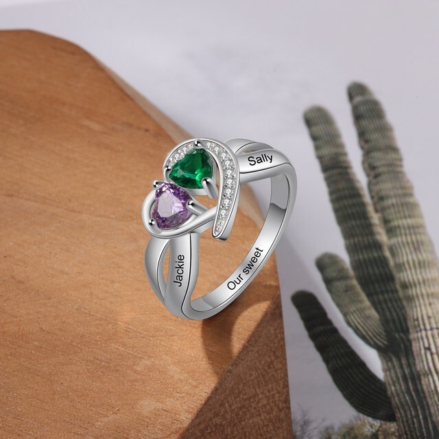 Custom Double Birthstone Ring Two Names Inside Engraving Jewelry Silver ...