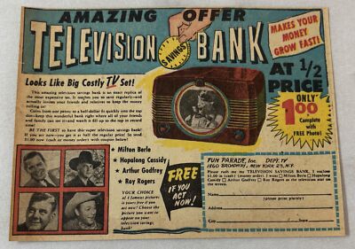 1951 Television Bank ad ~ HOPALONG CASSIDY, ROY ROGERS, MILTON BERLE ...