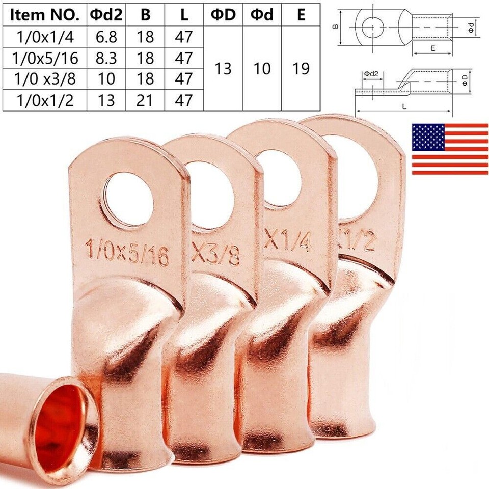Bare Copper Lugs Ring Terminals Battery Wire Welding Cable Connectors 8 ...