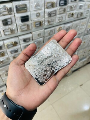 Designer Western Buckle- Unisex Shiny Silver Rectangular Shape Belt ...