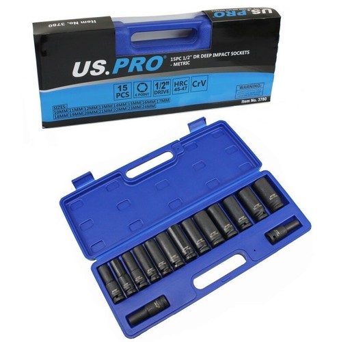 15pc 1/2" Deep Impact Socket Set Metric 10mm to 24mm US PRO TOOLS 3780 ...