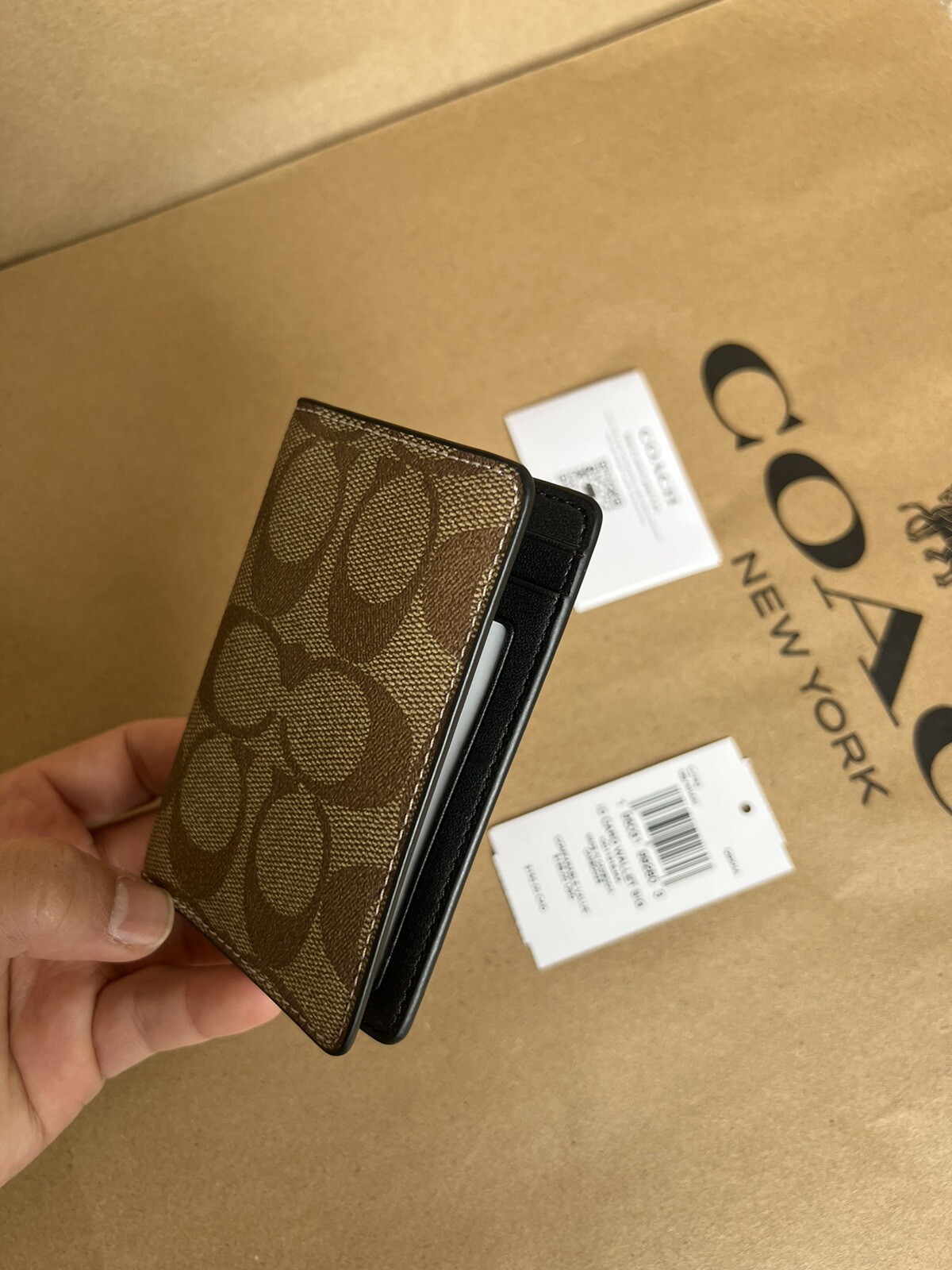 NWT Coach Men ID Wallet Khaki Bifold Slim Card Case Signature Canvas ...