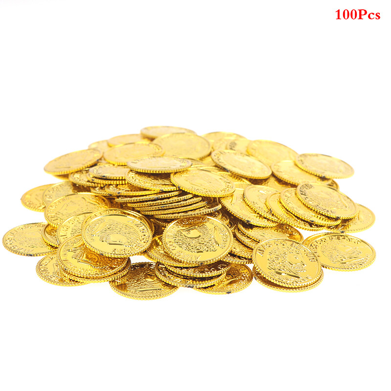 100Pcs/bag Gold Fake Coins Shining Pirates Plastic Coin Party Currency ...
