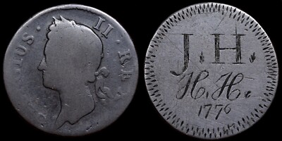 Georgian Love Token, Engraved Irish Halfpenny, JH & HH, 1776 ...