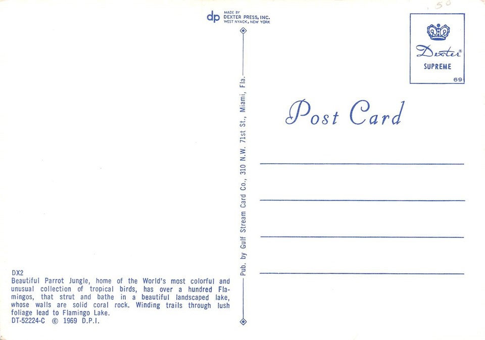 Miami Florida 6x4 Postcard 1969 Flamingos Parrot Jungle Tropical Birds ...