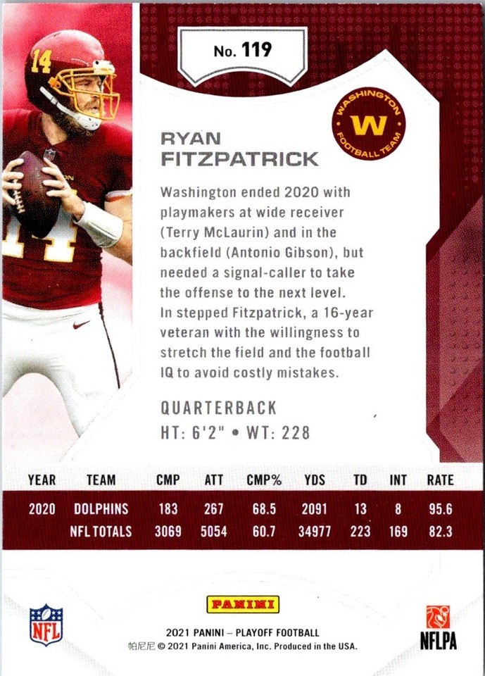 2021 Panini Playoff Ryan Fitzpatrick #119 Washington Football Team ...