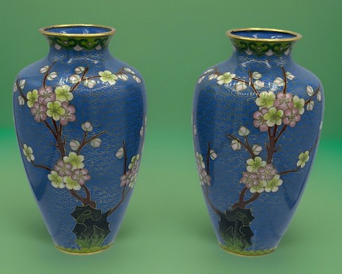 Beautiful Vintage Chinese Cloisonne Cherry Blossom Light Blue Pair Of ...