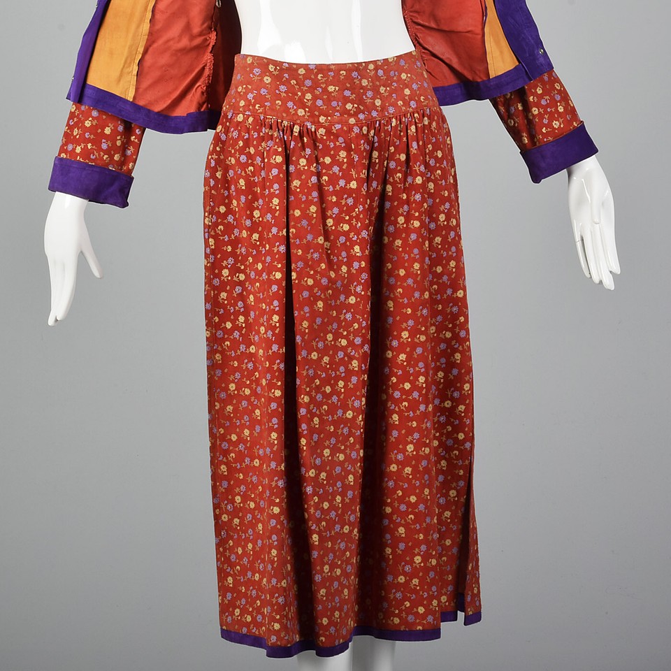 S 1970s Suede Two Piece Set Separates Silk Screen Floral Print Boho ...