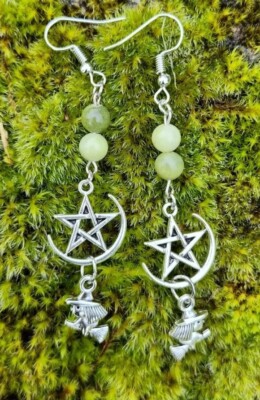 Natural Stone Jade Witch Flying Pentacle Dangle Earrings witchcraft ...