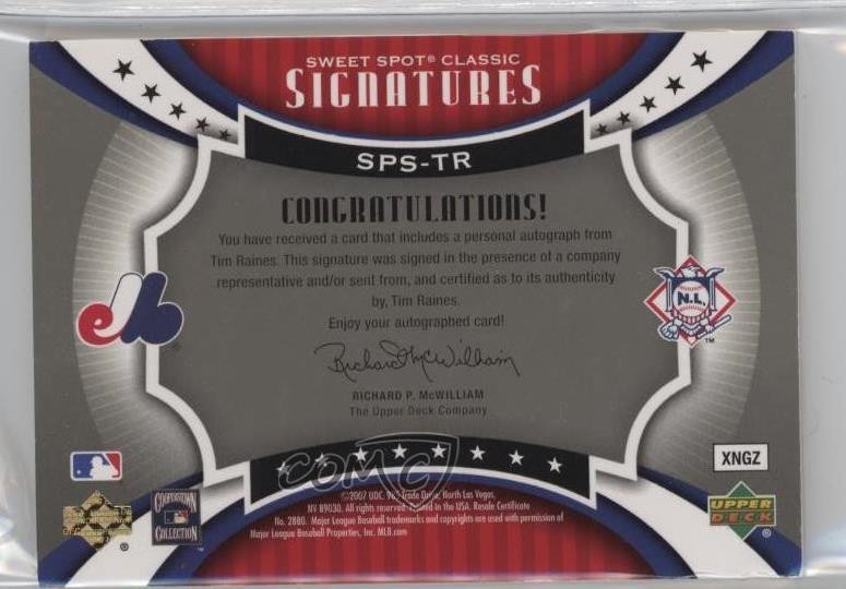 2007 Sweet Spot Classic Legendary Red Stitch Gold Ink Tim Raines Auto ...