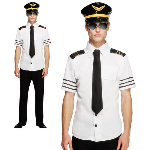 Airline Pilot Captain Costume Shirt Tie & Hat Fancy Dress Outfit Adults ...