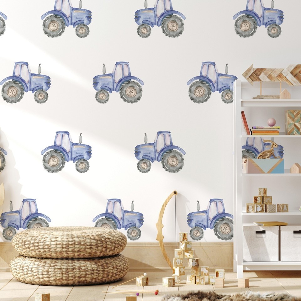 X-SMALL Blue Tractor Wall Decals Set Watercolor Farm Vehicle Stickers ...