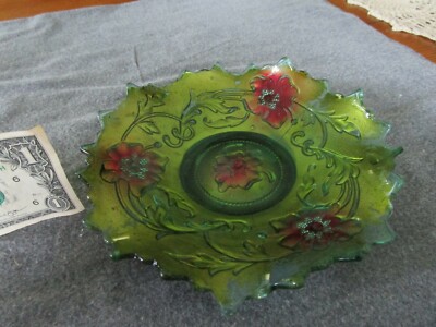 RARE EMERALD GREEN GOOFUS GLASS FLORAL PATTERN 7" BOWL | eBay