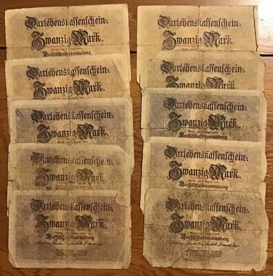 Lot of 10 x Germany banknotes. 20 Mark. Dated 1914. Vintage German Bank ...