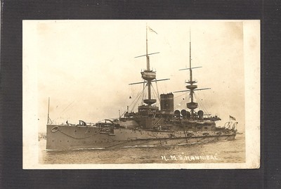 REAL-PHOTO POSTCARD: HMS HANNIBAL - BRITISH NAVY BATTLESHIP - Glue, etc ...