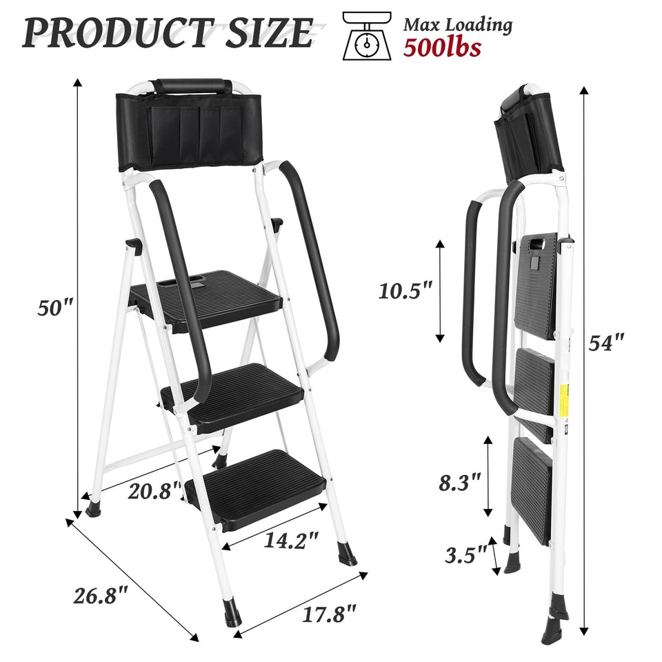 3 Step Ladder Handrails 500 lbs Folding Step Stool Ladder, Wide Non ...