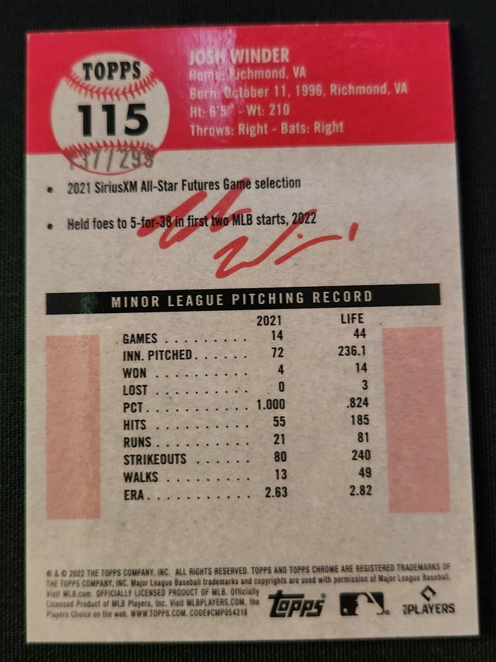 2022 Topps Chrome Platinum Ann. - Josh Winder (RC) - Aqua Lava /299 #115 - Twins | eBay